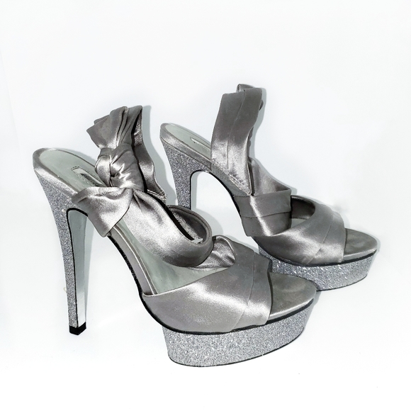 H by Halston | Shoes | H By Halston Satin Silver Glitter Platform Heels ...